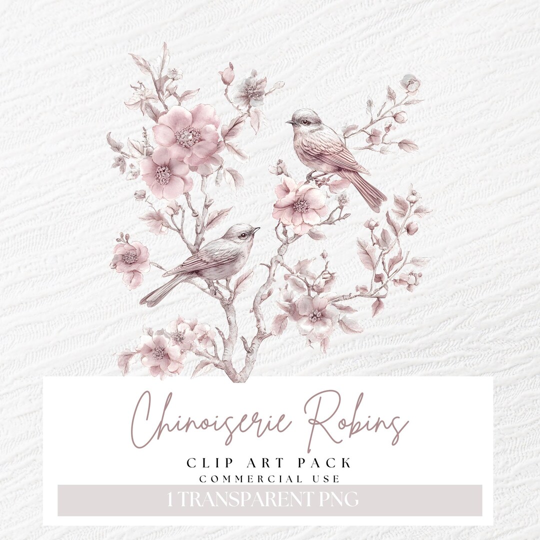 Chinoiserie Floral Robin Clipart, Dusty Pink, Christmas Toile Clipart, Vintage Chinese Pattern ...