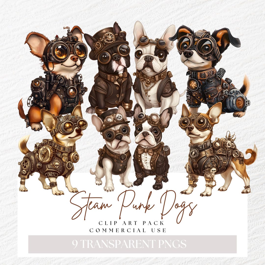 Steampunk Dogs Clipart Pack, Cute Dogs Clipart, Cool Dogs, Steam Punk ...
