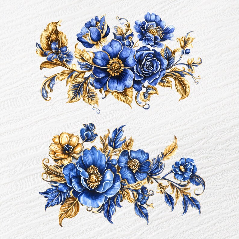 Royal Blue and Gold Floral Clipart, Royal Blue Roses Clip Art, Royal ...