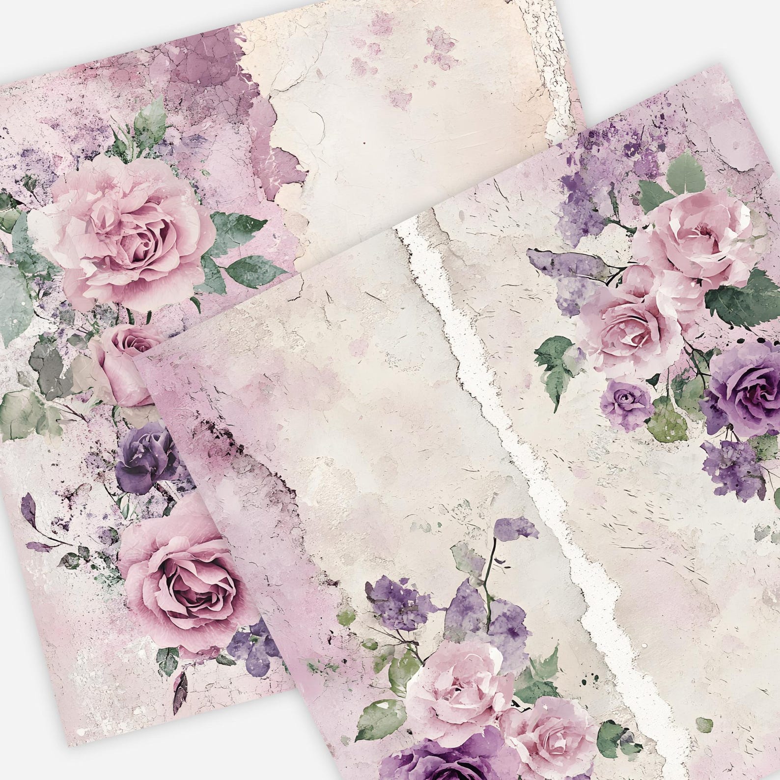 Pink and Purple Roses Digital Papers, Layered Paper Background, Shabby ...