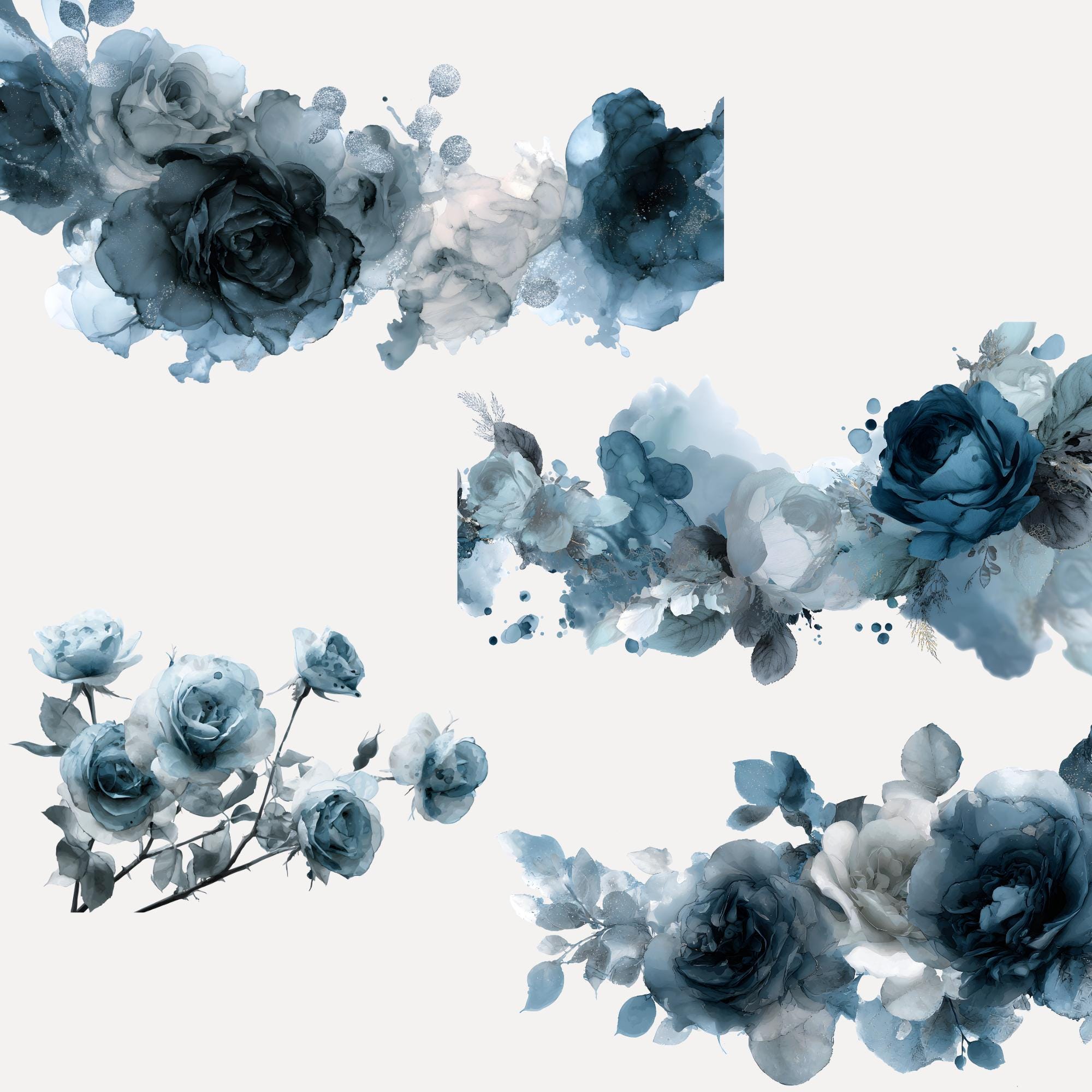 Dusty Blue and Silver Floral Clipart, Blue Glitter Flower Clip Art ...