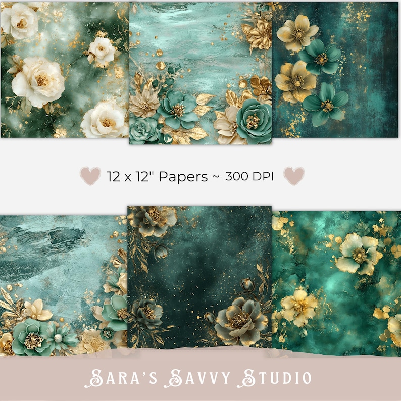 Emerald Green and Gold Floral Digital Papers, 17 12x12" Files, Flowers ...