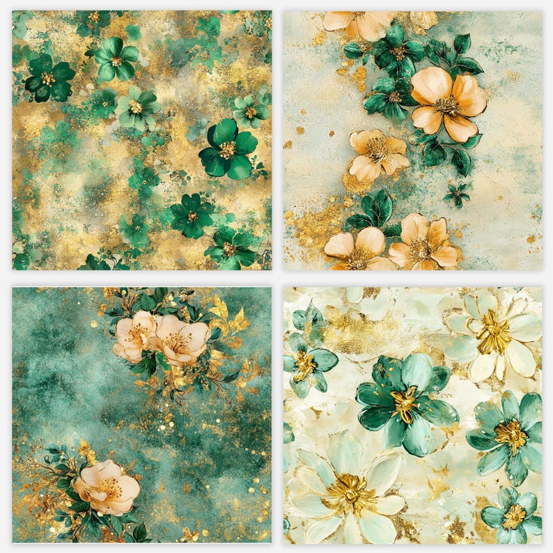 Emerald Green and Gold Digital Paper, Seamless, 28 12x12" Files ...