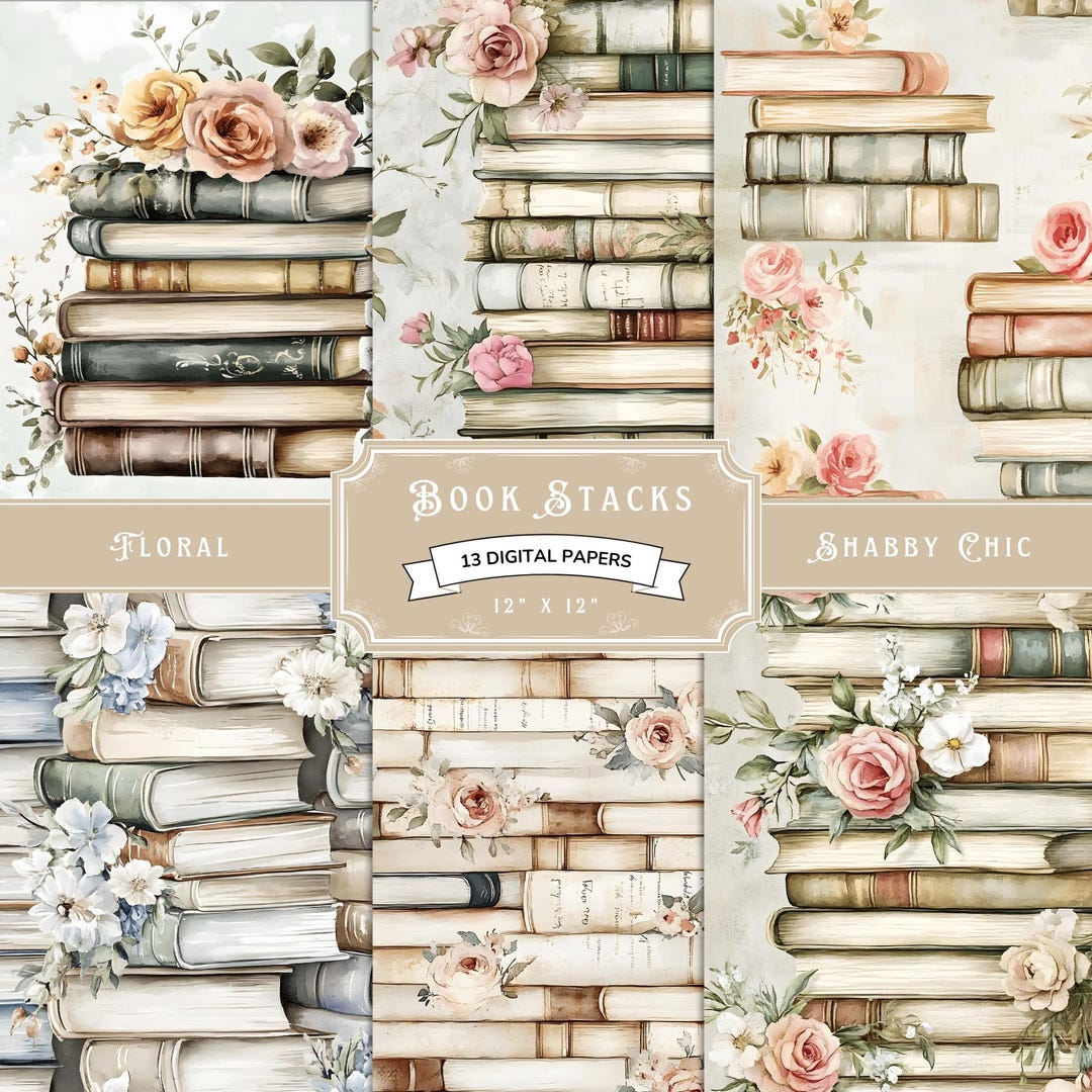 Shabby Chic Book Stack Digital Papers, Book Spines Clipart, Watercolor ...