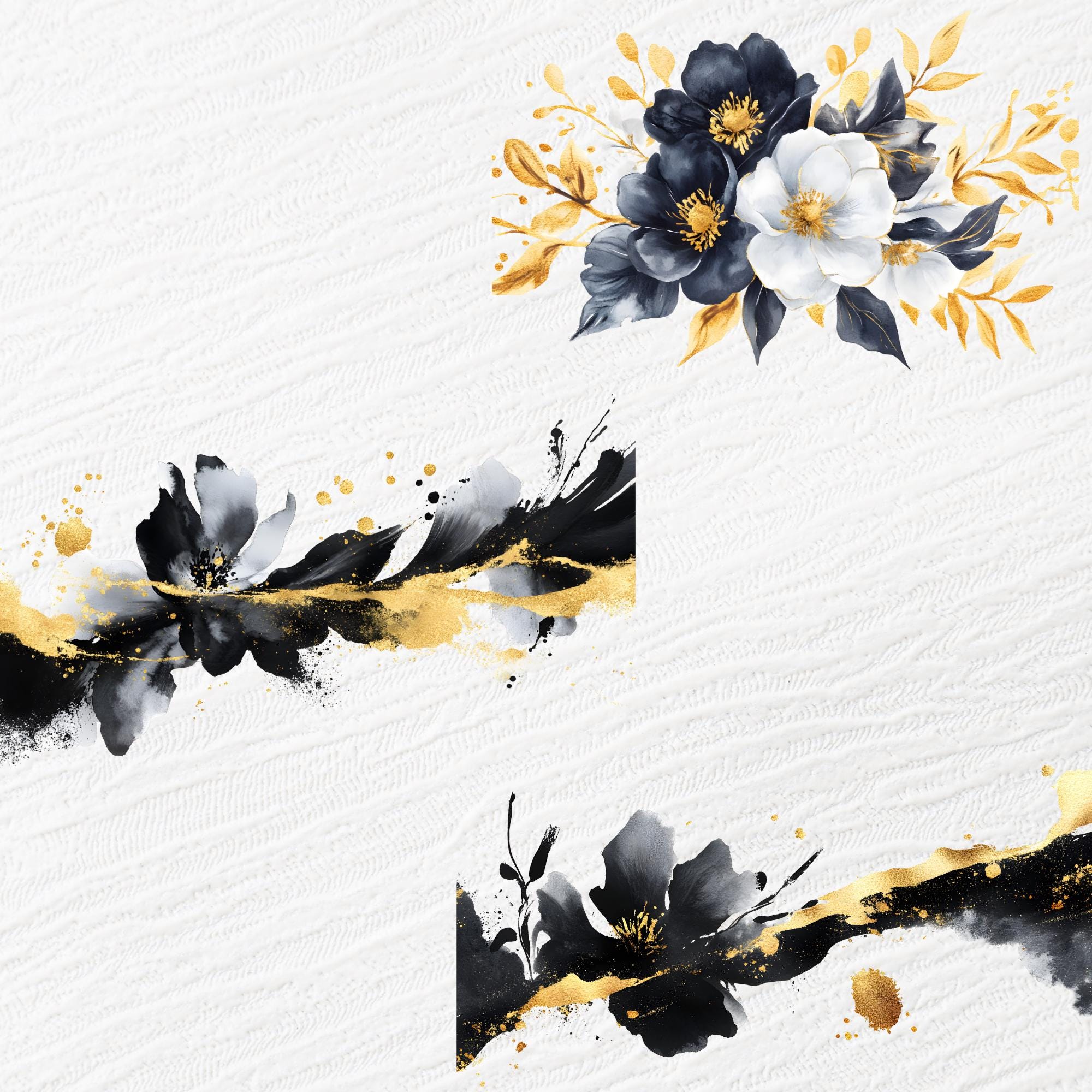 Black White and Gold Floral Clipart, Black Gold New Year Clip Art ...