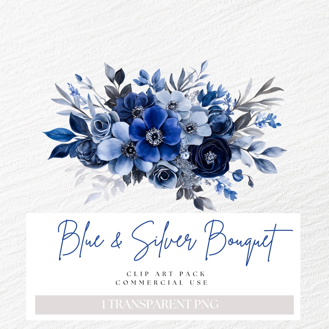 Royal Blue and Silver Bouquet Clip Art, Blue Roses Floral Clipart ...