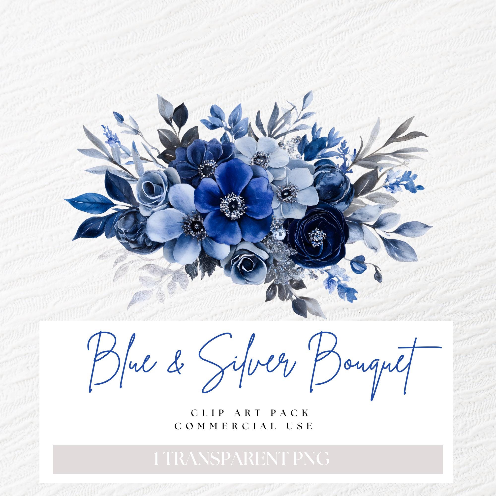 Royal Blue and Silver Bouquet Clip Art, Blue Roses Floral Clipart ...