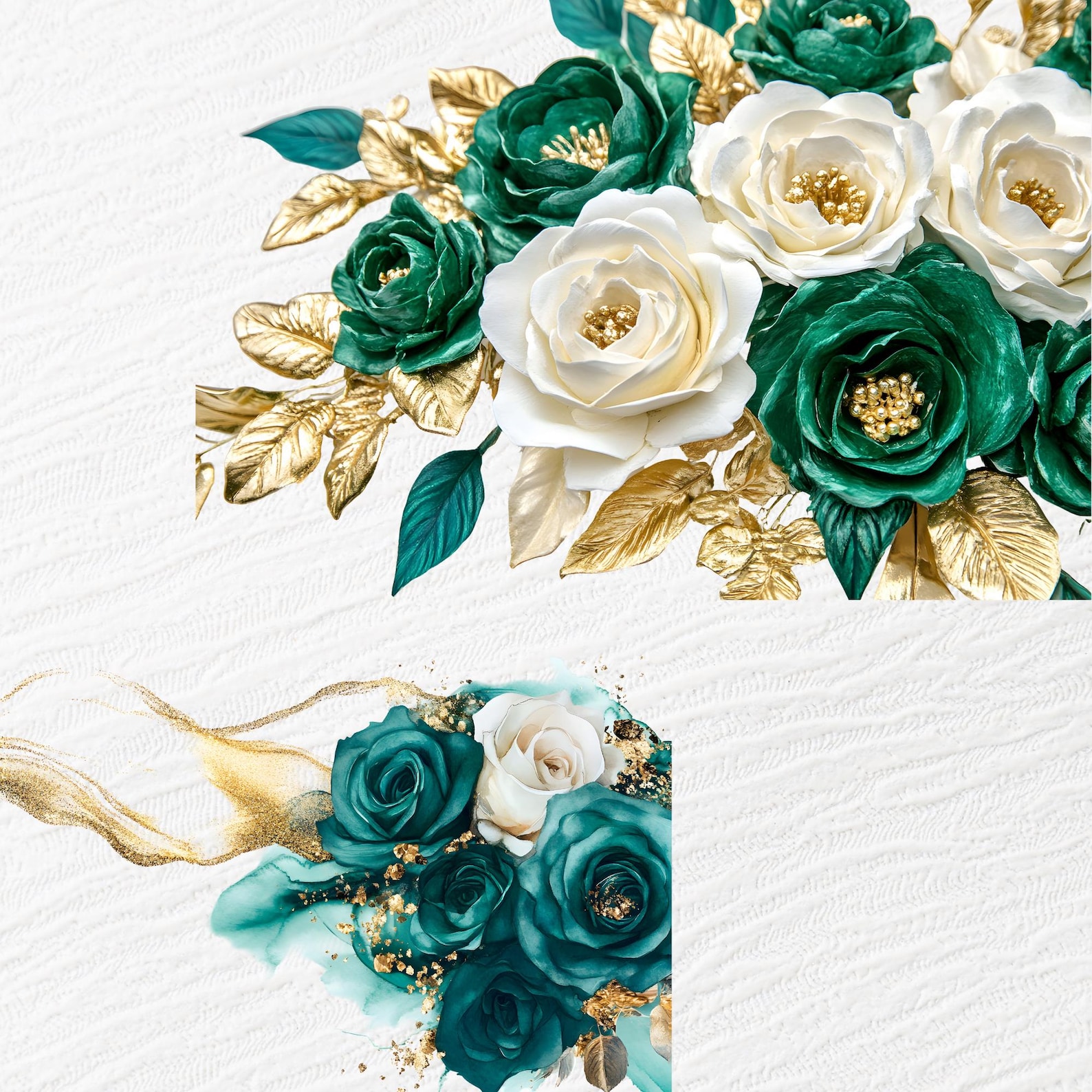 Emerald Green and Gold Floral Clipart, Ivory Gold Roses Png, Borders ...