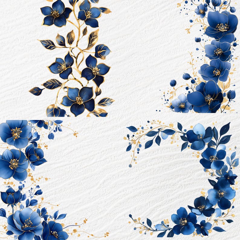 Royal Blue Gold Border and Frame Floral Clip Art, Blue Bouquet Cliprt ...