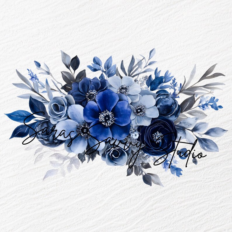 Royal Blue and Silver Bouquet Clip Art, Blue Roses Floral Clipart ...