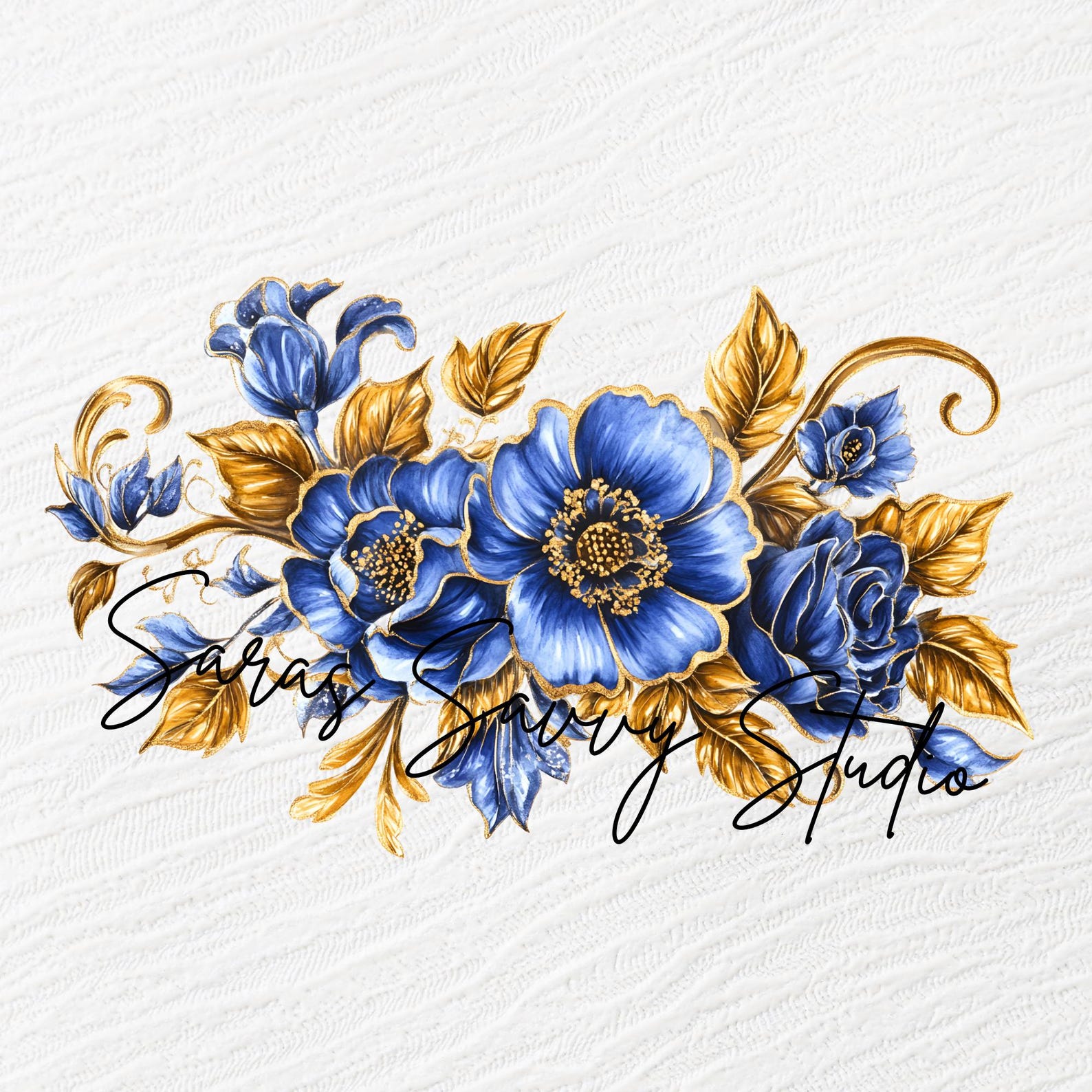 Royal Blue and Gold Floral Clipart, Royal Blue Roses Clip Art, Royal ...