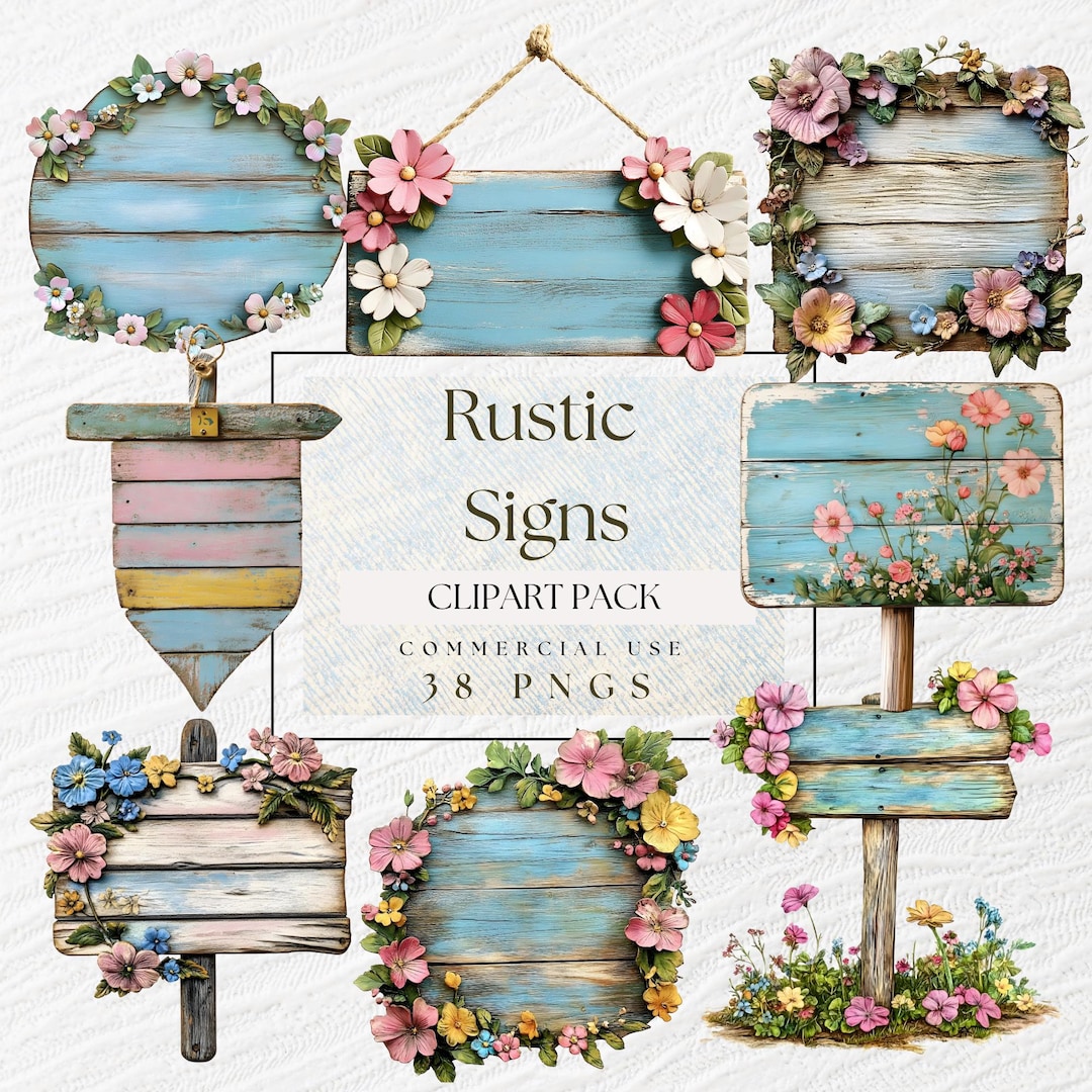 Rustic Wooden Sign Clipart, Road Sign Clip Art, Vintage Floral Wood ...