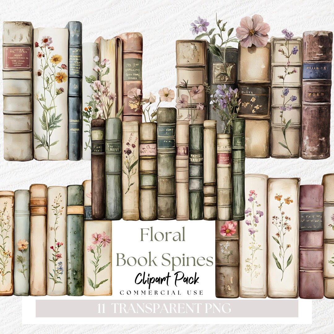 Book Spine Clip Art, Vintage Books Png, Rustic Flowers Clipart, Vintage ...