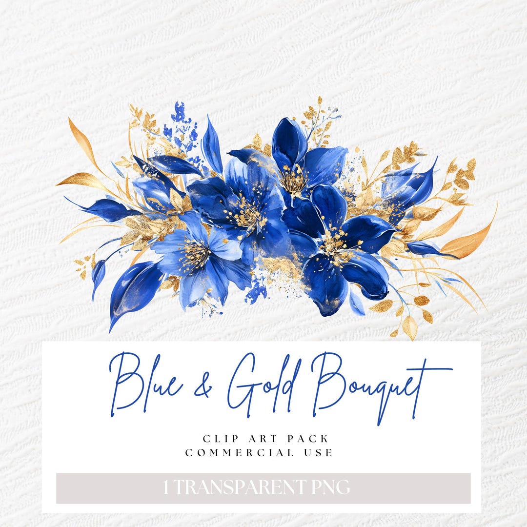 Royal Blue and Gold Bouquet Clip Art, Royal Blue Floral Clipart, Royal ...