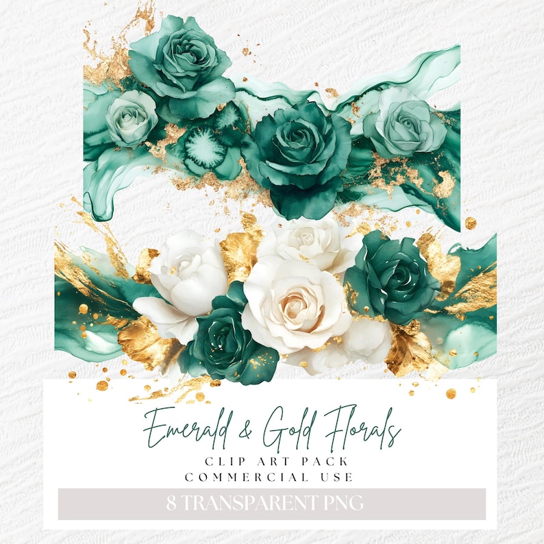 Emerald Green and Gold Floral Clipart, Ivory Gold Roses Png, Borders ...