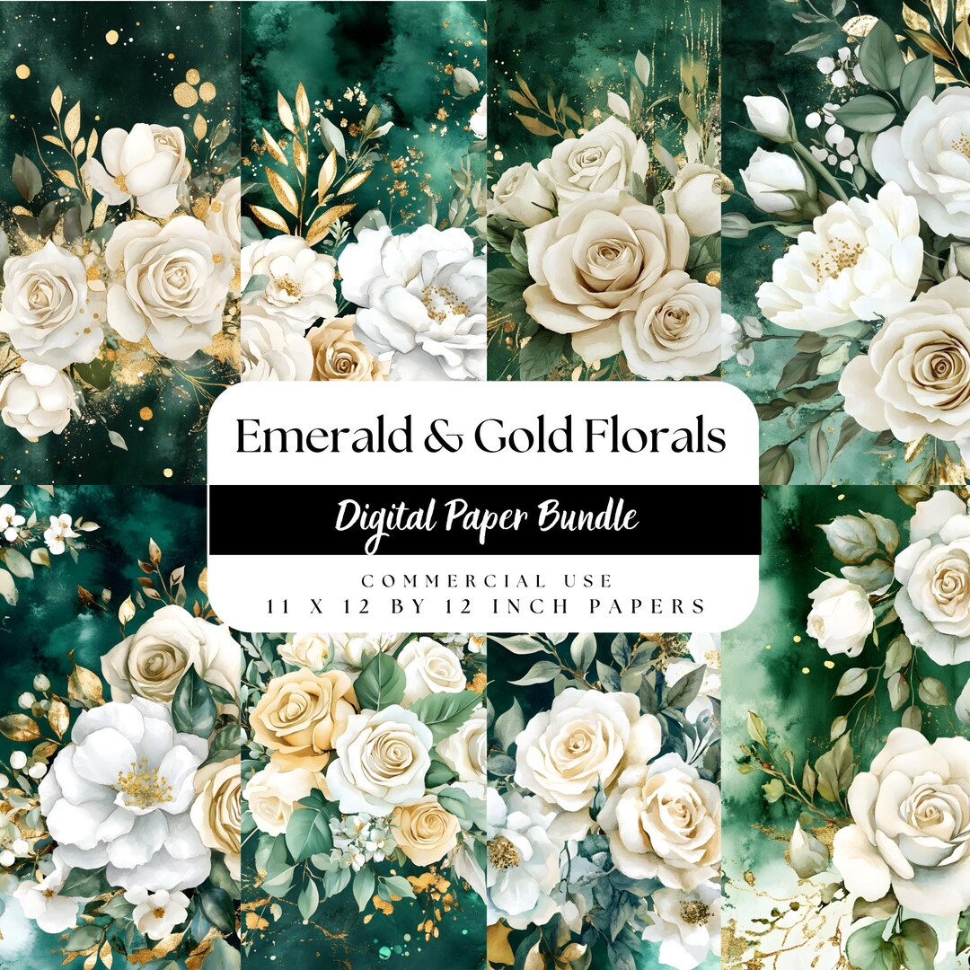 Emerald and Gold Floral Digital Papers, Ivory White Gold Roses, Emerald ...