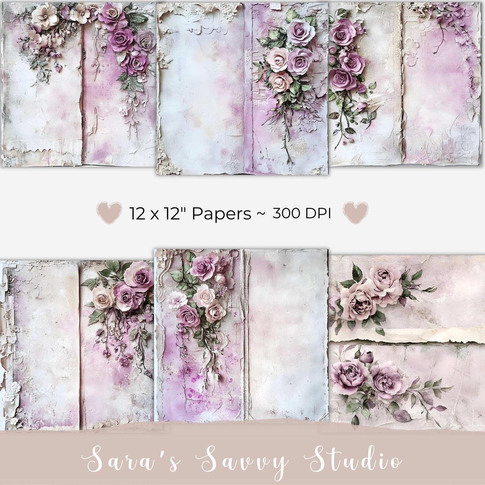 Pink and Purple Roses Digital Papers, Layered Paper Background, Shabby ...