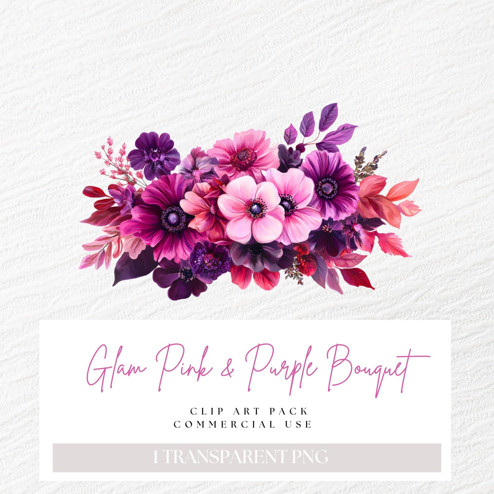 Glam Pink and Purple Bouquet Clip Art, Bright Pink Floral Clipart ...
