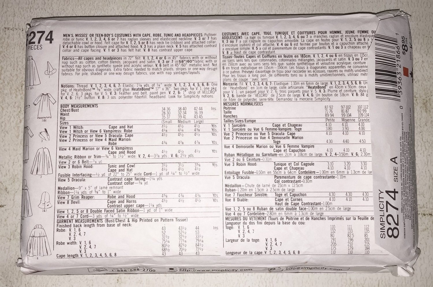 Simplicity Costumes 8274 Witch Vampiress Dracula Maid Marian - Etsy
