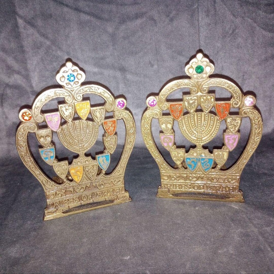 Vintage Tamar Brass Tribes of Israel Crown Jeweled Bookends Approx 6in ...