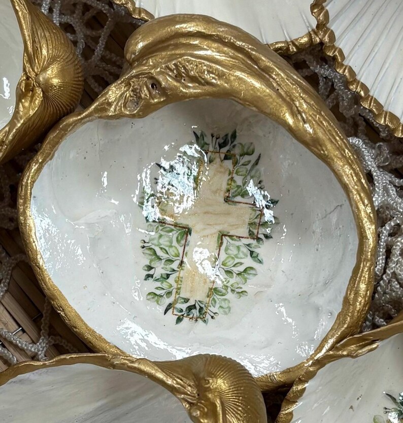 Coastal Cross Shell Decoupaged Ring Dish, Christian Gift, Hostess Gift ...