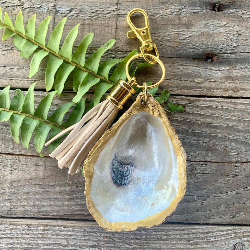 Oyster Shell Purse Charm, Keychain, Leather Tassel, Claw Clasp ...