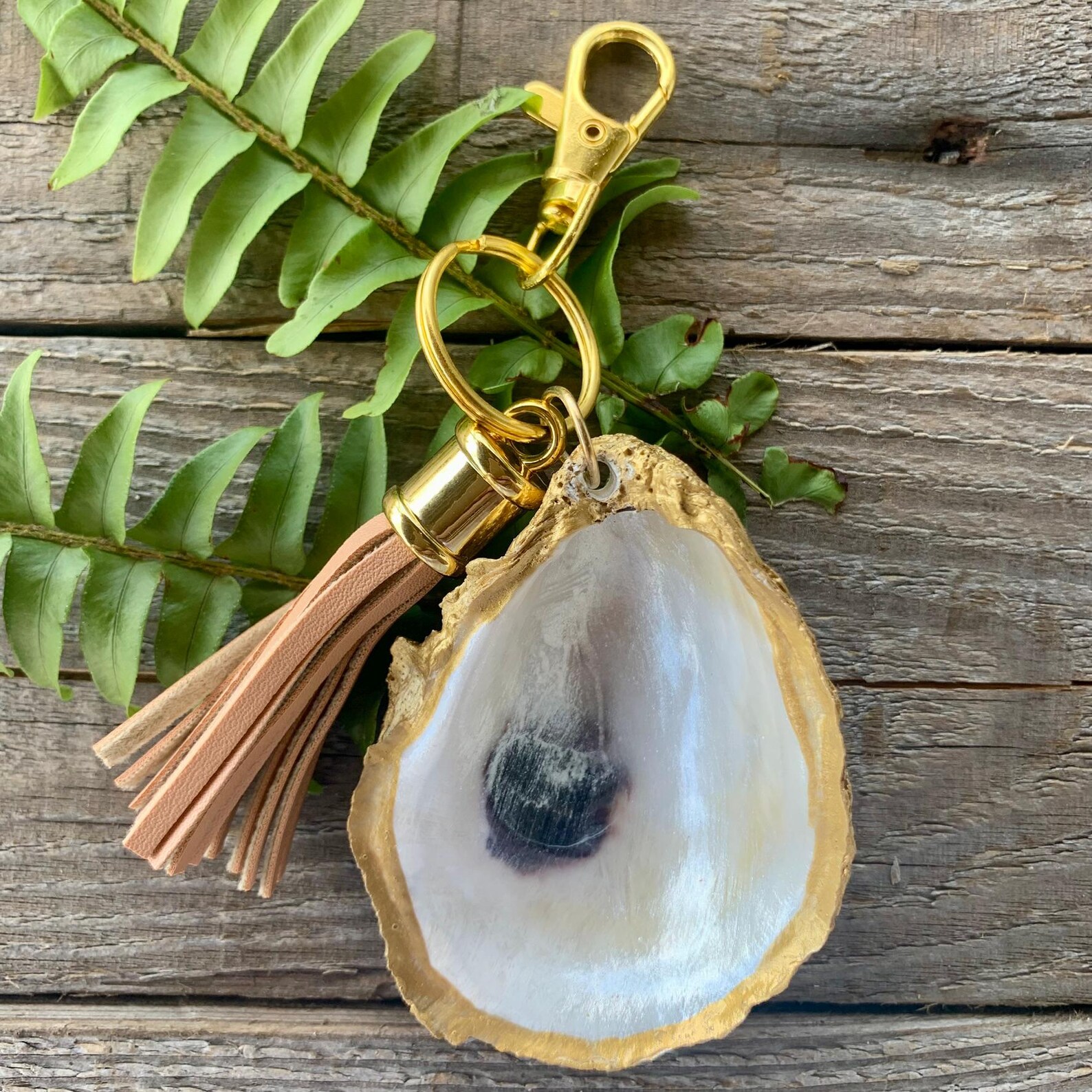 Oyster Shell Purse Charm, Keychain, Leather Tassel, Claw Clasp ...