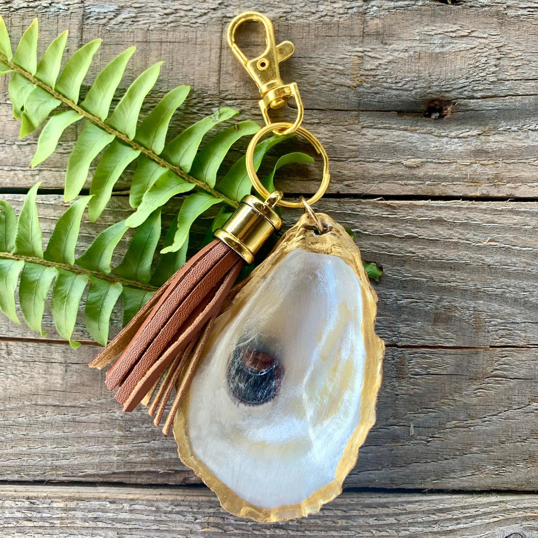 Oyster Shell Purse Charm, Keychain, Leather Tassel, Claw Clasp ...
