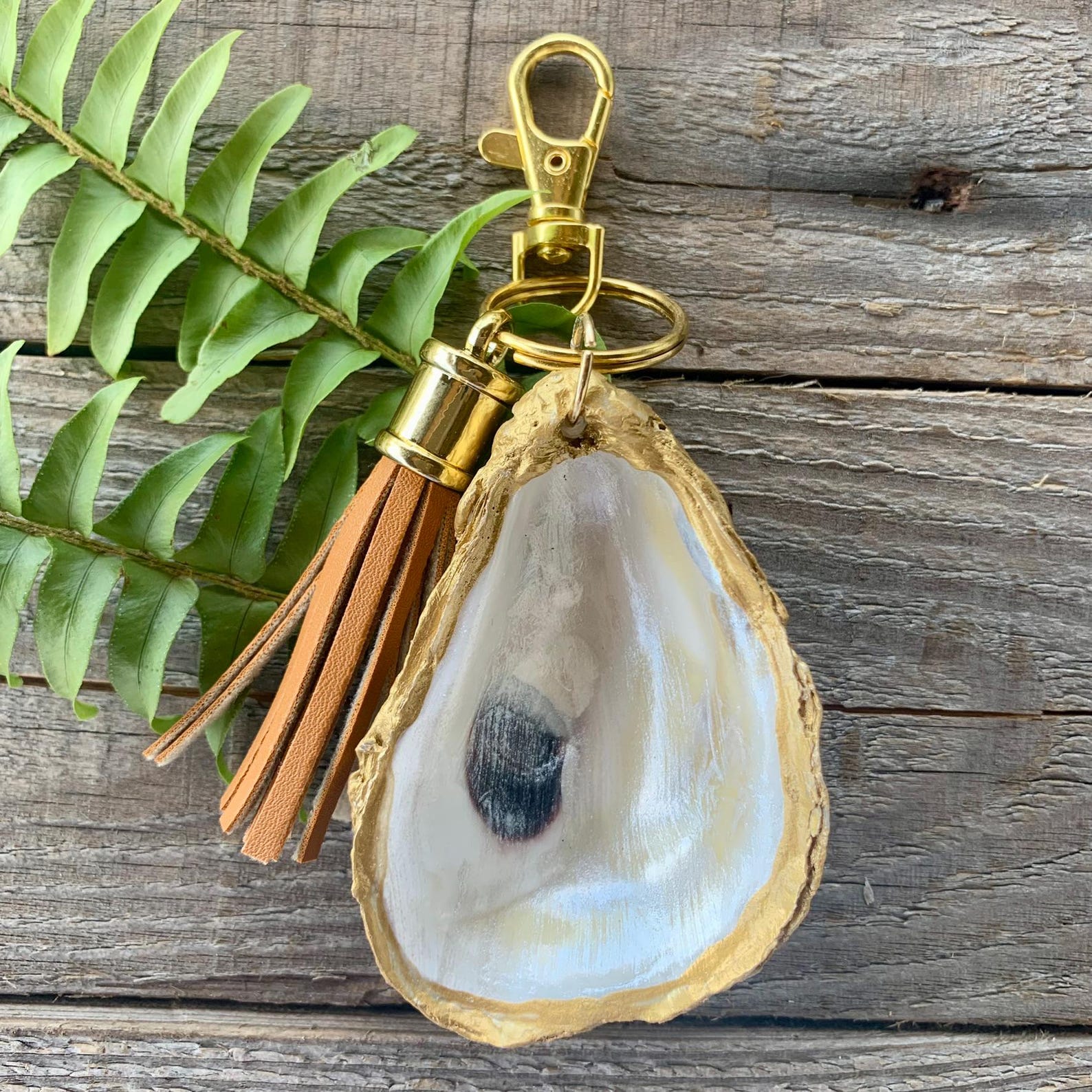 Oyster Shell Purse Charm, Keychain, Leather Tassel, Claw Clasp ...