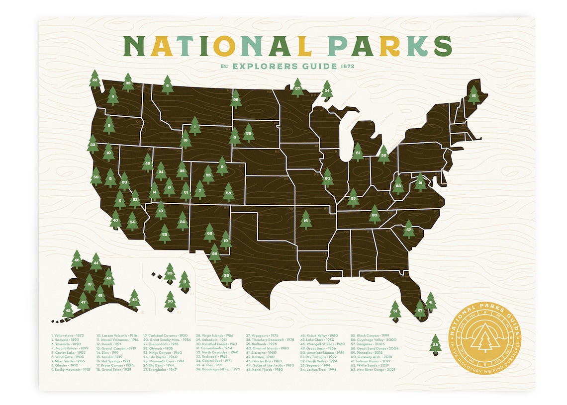 National Parks Map Print With Tree Stickers and Frame to Keep - Etsy