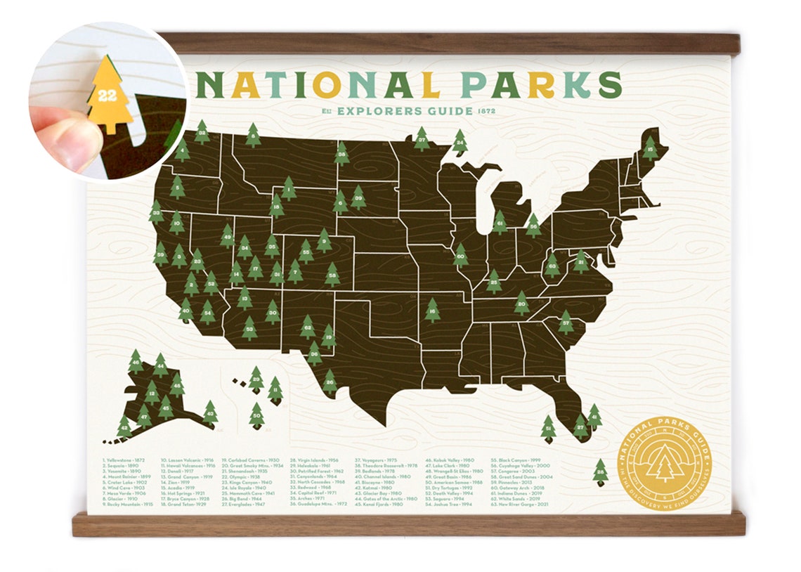 National Parks Map Print With Tree Stickers and Frame to Keep - Etsy