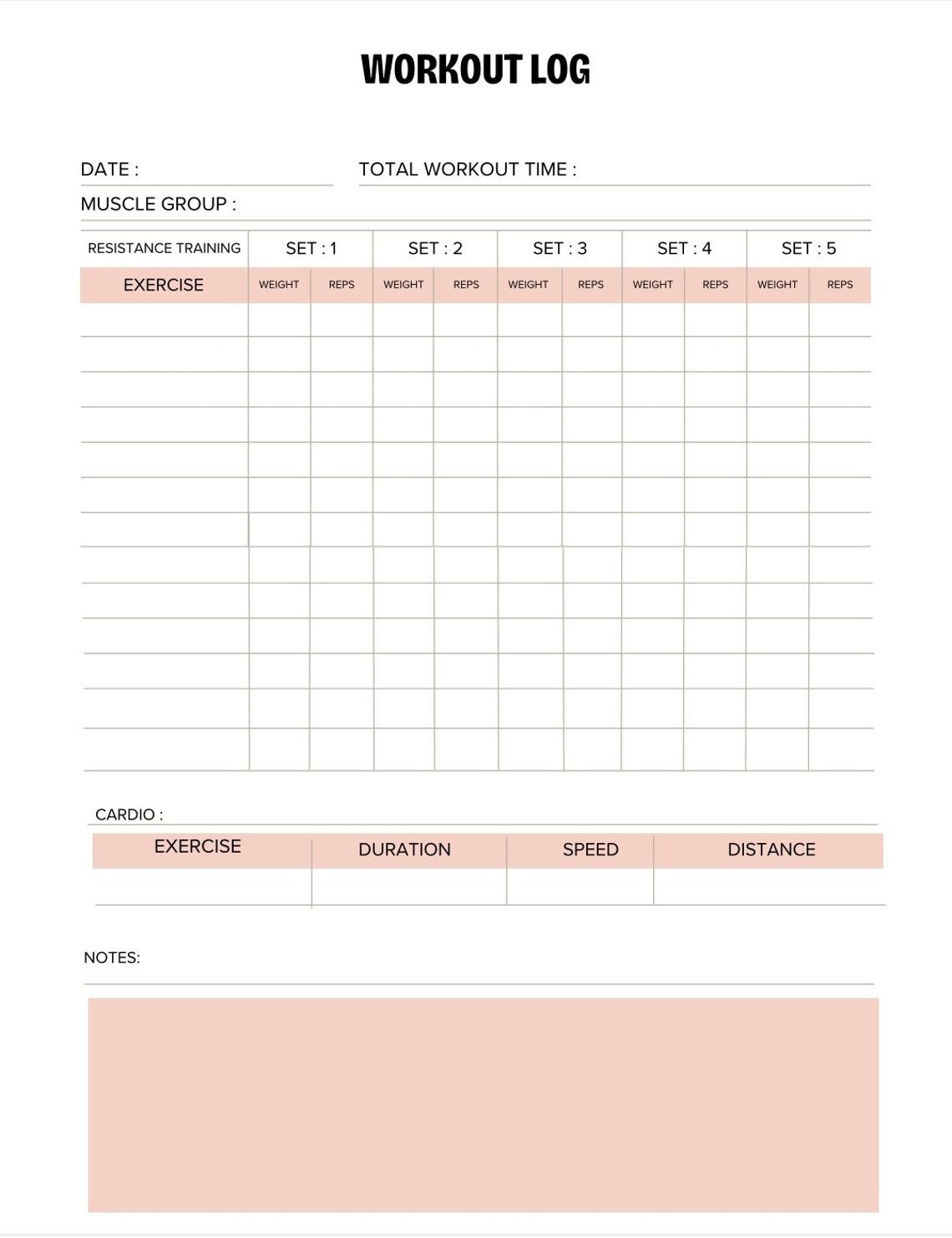 Printable Workout Log - Etsy