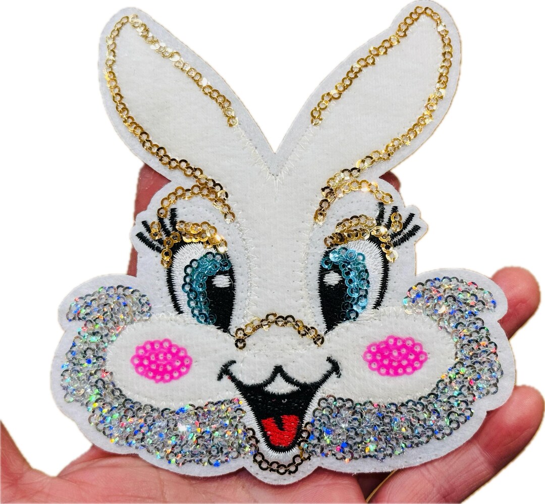 Large Bunny Iron on Patch 4.9" Bunny Sequin Embroidery Iron on Patch ...