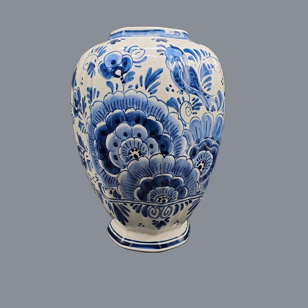 Vintage Delft Blue Vase With Bird and Flower Pattern - Etsy