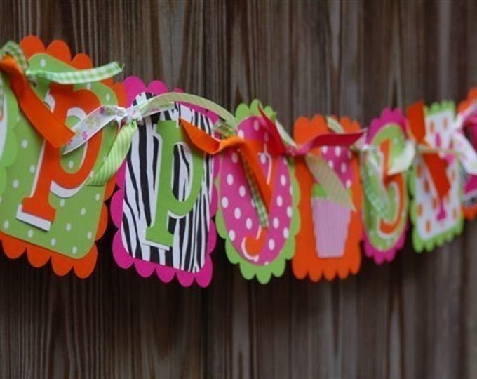 HAPPY BIRTHDAY BANNER IN HOT PINK ORANGE LIME GREEN AND ZEBRA PRINT - Etsy
