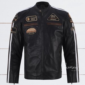 Men's Black Leather Jacket Retro Racing Leather Motorcycle Jacket With ...