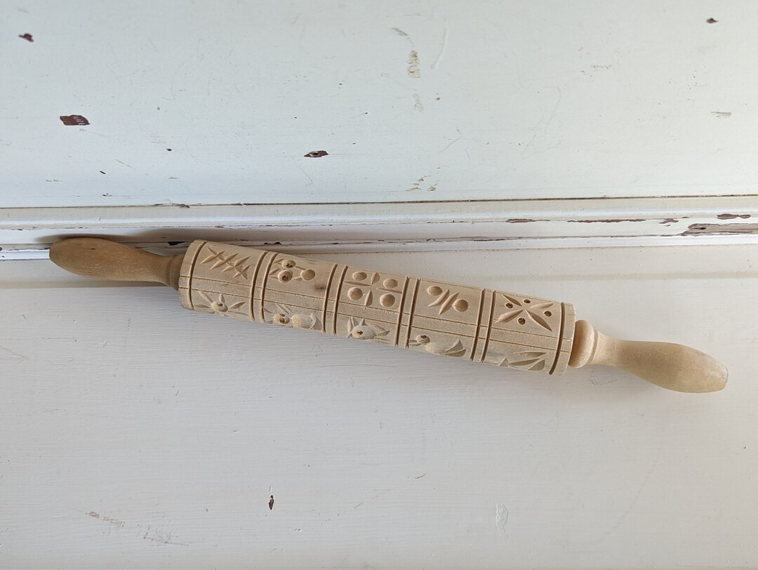 Vintage Springerle Cookie Rolling Pin Carved Wood Embossed Rolling Pin ...