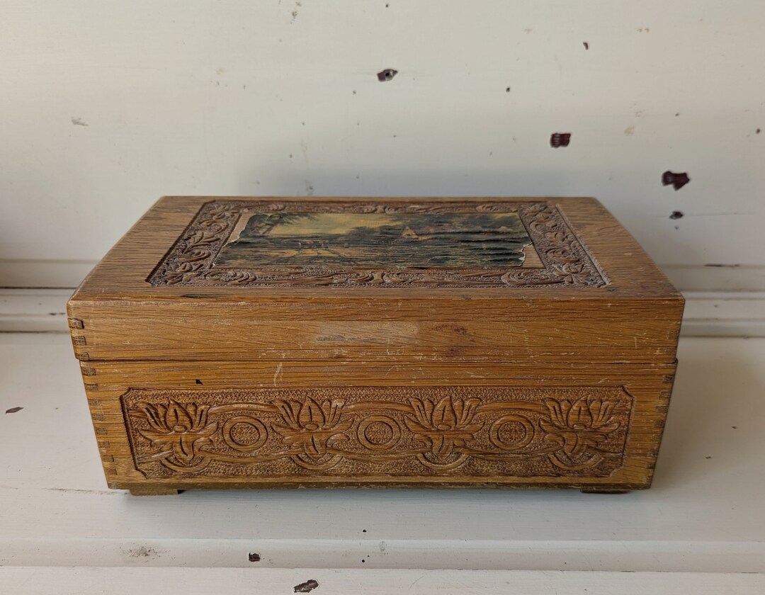 Carved Wood Trinket Box With a Farmhouse Scene on the Lid and Dove Tail ...