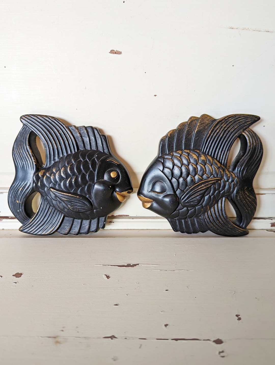 Vintage 1950s Black Chalkware Fish Wall Hangings Girl and Boy Kissing ...