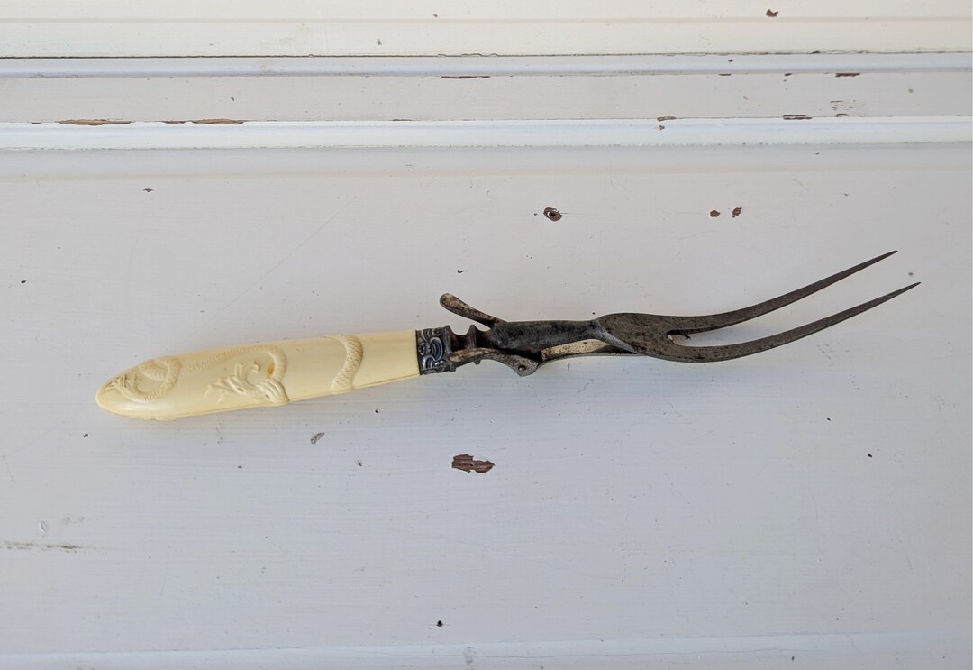 Antique 1800s Silver Serving Fork With Carved Dragon Handle - Etsy