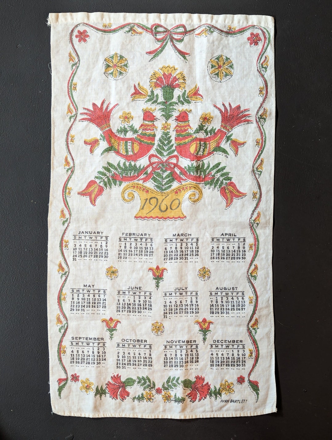Vintage 1960 Calendar Tea Towel by Ivan Bartlett | Linen Folk Art ...