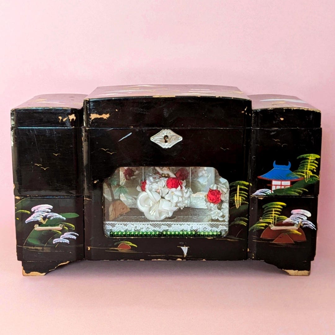 Vintage Japanese Black Lacquer Jewelry Box With Hot Pink Interior Asian ...