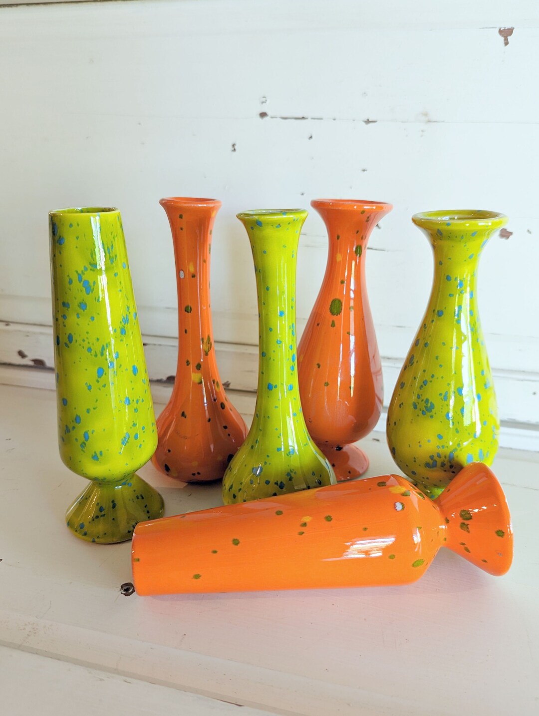 Vintage Ceramic Vases Retro Orange and Green Speckled Splatter Glaze ...