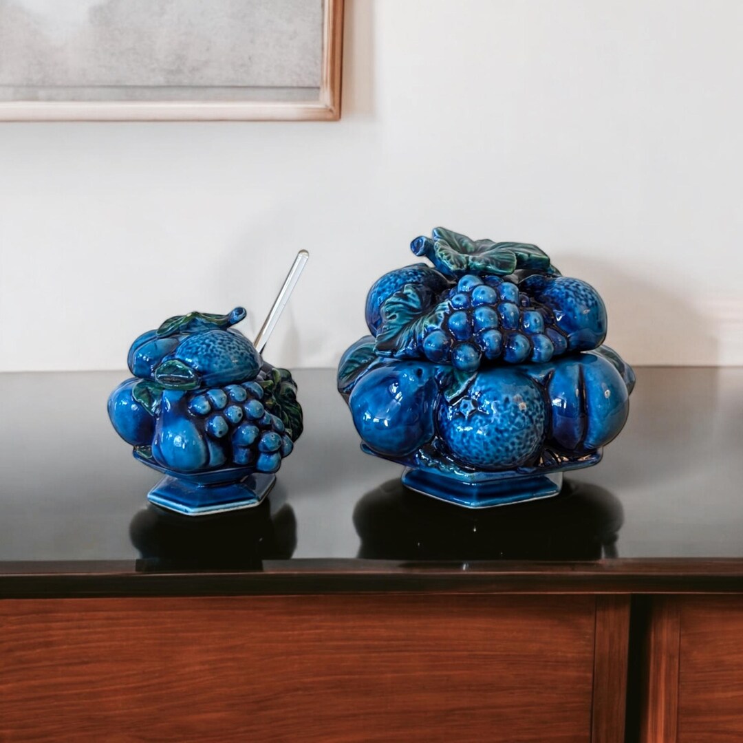 Vintage Mood Indigo Blue Candy Dish and Sugar Bowl Inarco Japan Fruit ...