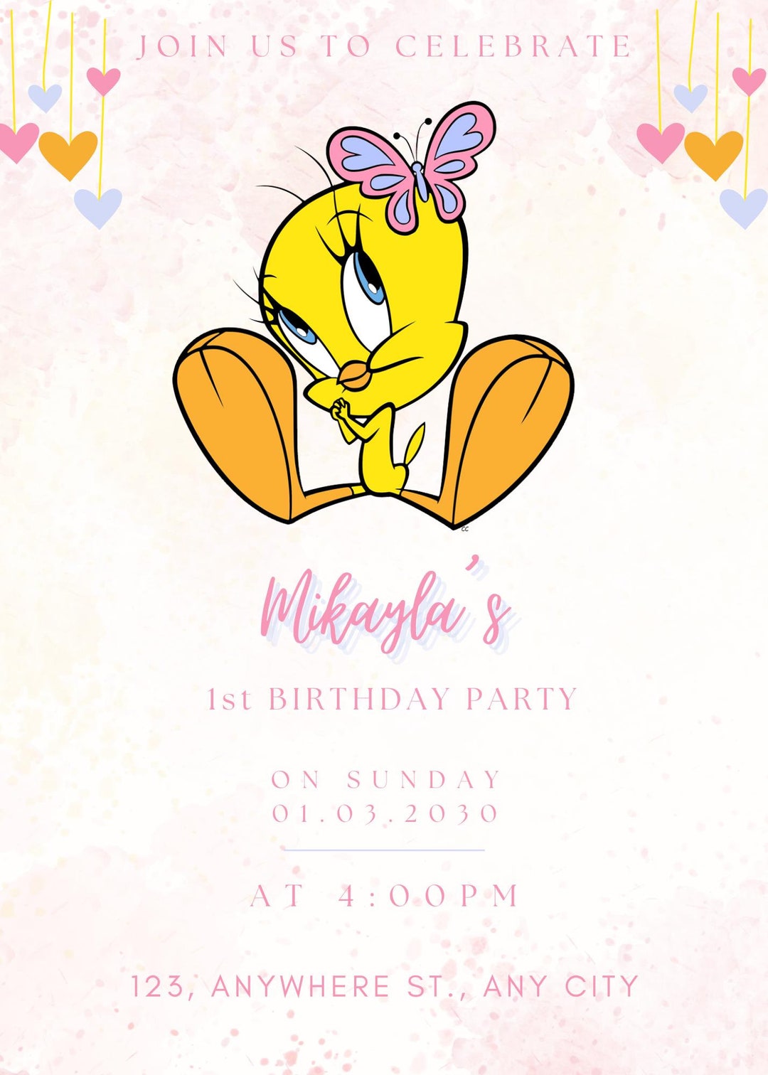 Editable Tweety Bird Birthday Invitation, Canva Template, Tweety Bird ...