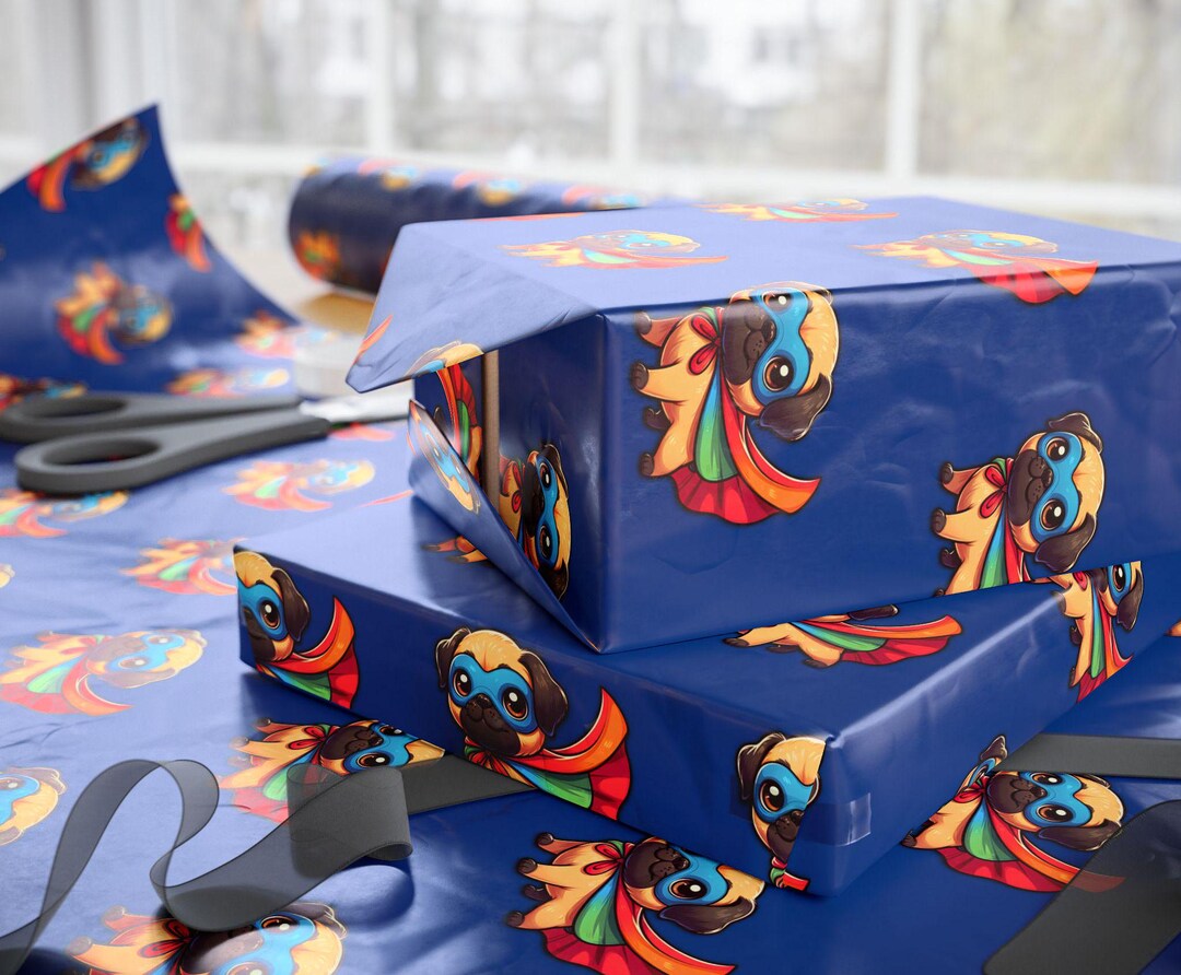 Pug Wrapping Papers, Pug Superhero Theme, Gift Wrap Roll for Birthday ...