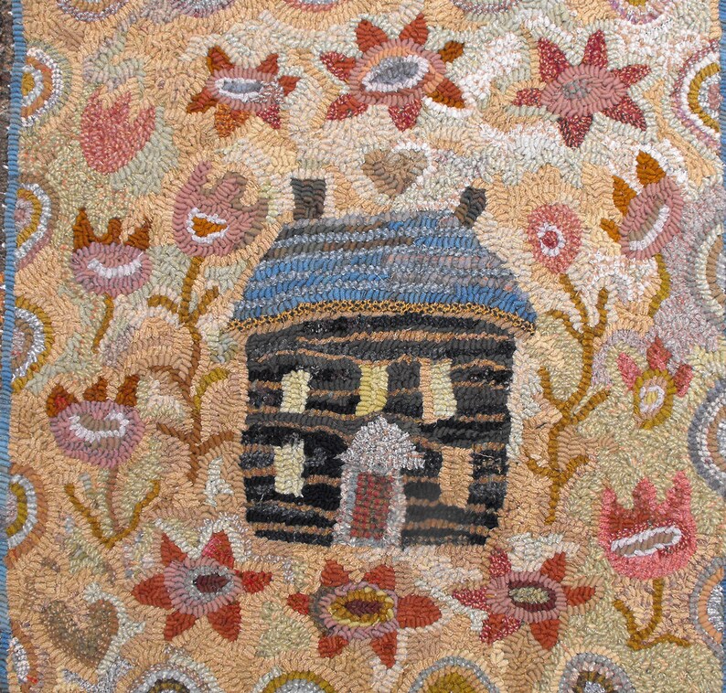 Crooked House Rug Hooking PATTERN ONLY on Linen//floral Garden Log ...