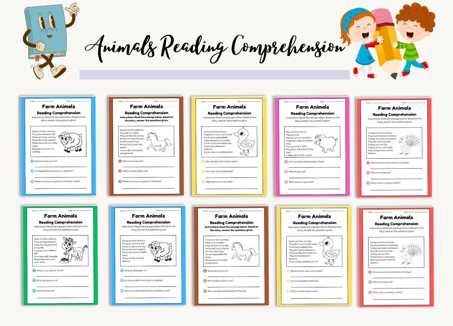 Farm Animal Reading Comprehension Activity Set, English Learning Game ...