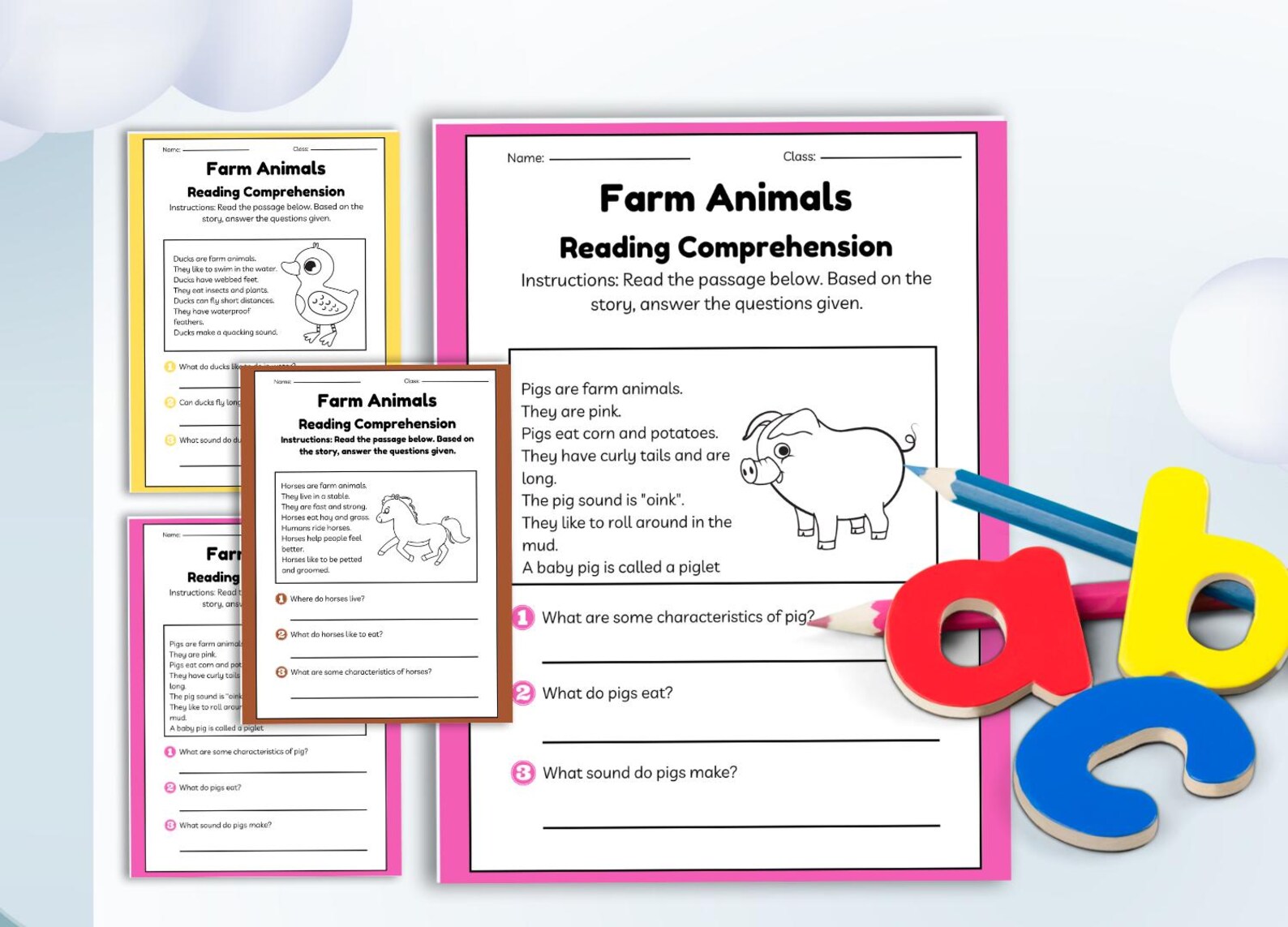 Farm Animal Reading Comprehension Activity Set, English Learning Game ...