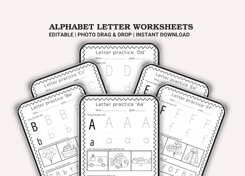 Alphabet Letter Worksheets Set, Letter Recognition Practice, Phonics ...